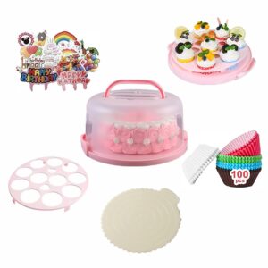 Yoution Cake Box Round Cake Stand with Lid and Foldable Handle. 10 Inch Portable Cake Container Cake Ornaments, Suitable for Storage Birthday Cakes. Cupcakes. Nuts. Fruits (Pink)