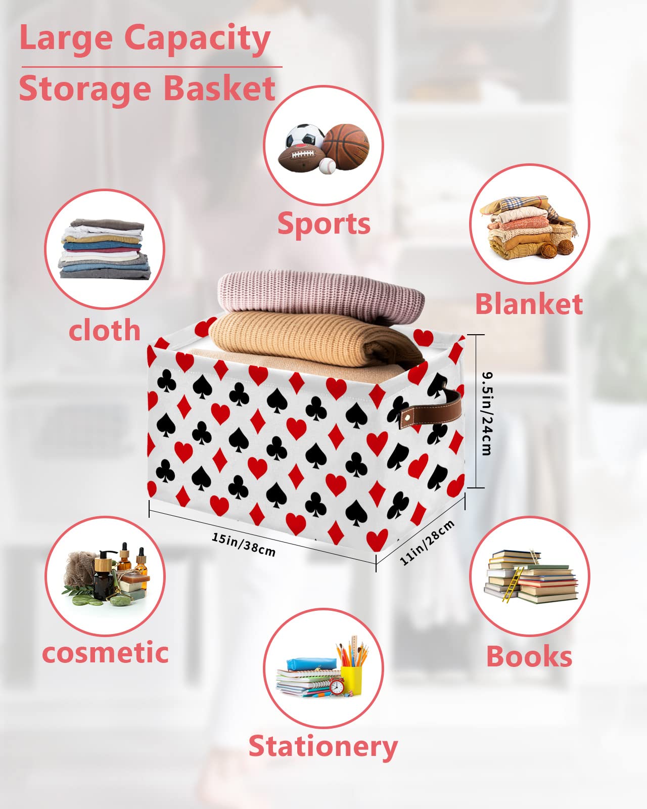 Storage Basket Poker Game Themed Large Foldable Storage Bins with Handles Las Vegas Theme Casino Waterproof Laundry Baskets for Organizing Clothes Shelves Closet Toy Gifts Bedroom Nursery 1 Pack