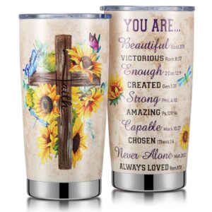 20 oz stainless steel tumbler christian gift for women religious inspirational gifts faith vintage cross bible vacuum insulated travel coffee mug for women friend easter birthday gift (sunflower)