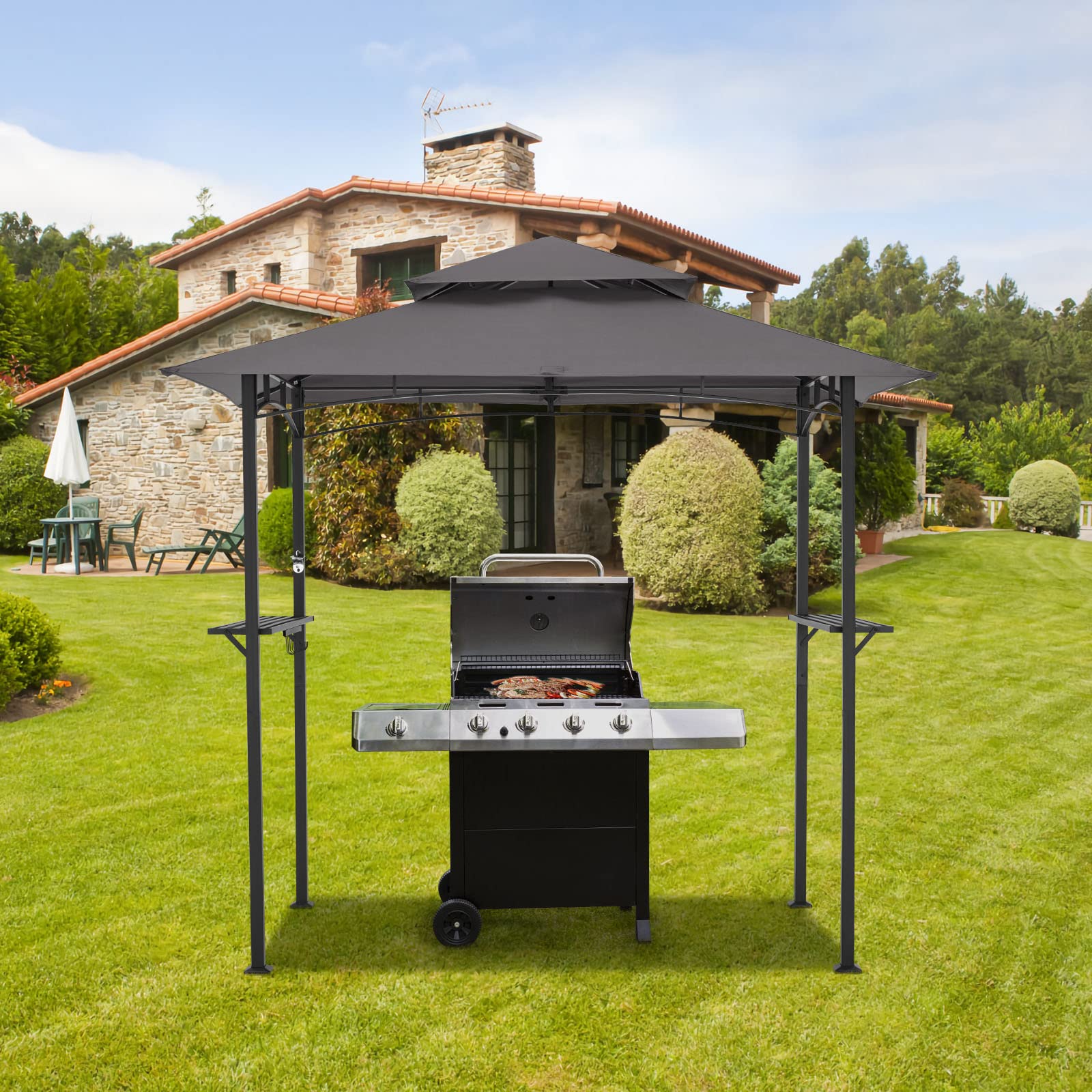 AECOJOY 8' x 5' Grill Gazebo, Grill Canopy for Outdoor Grill, 2- Tier BBQ Gazebo Shelter for Patio, Backyard and More (Dark Grey)