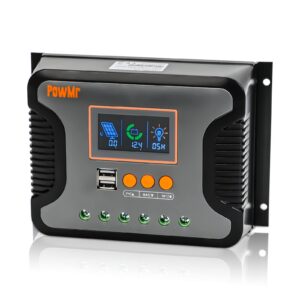 powmr 60a pwm solar charge controller 12v 24v 36v 48v with backlit display, dual usb port, max pv 100vdc,battery intelligent regulator for solar panels compatible with lfp, agm, sld, fla