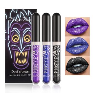 3pcs black blue purple liquid glitter lipstick glitter lip gloss set,diamond shimmer matte lipstick set long lasting high pigment glitter lip stick kit lip gloss set halloween makeup gift - set d