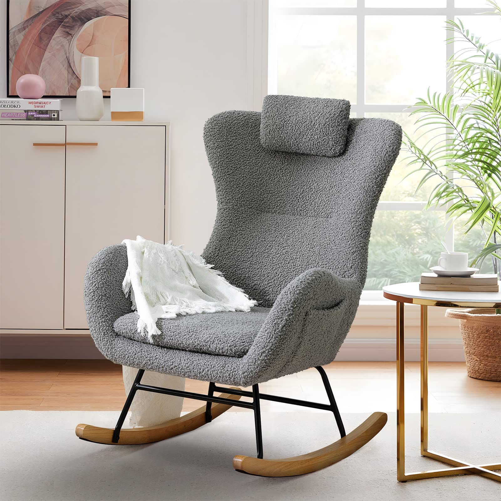 KINFFICT Accent Rocking Chair, Tufted Upholstered Glider Rocker for Nursery, Comfy Armchair with Side Pockets, Modern Lounge Arm Chair for Living Room, Bedroom (Upgraded Teddy Gray)