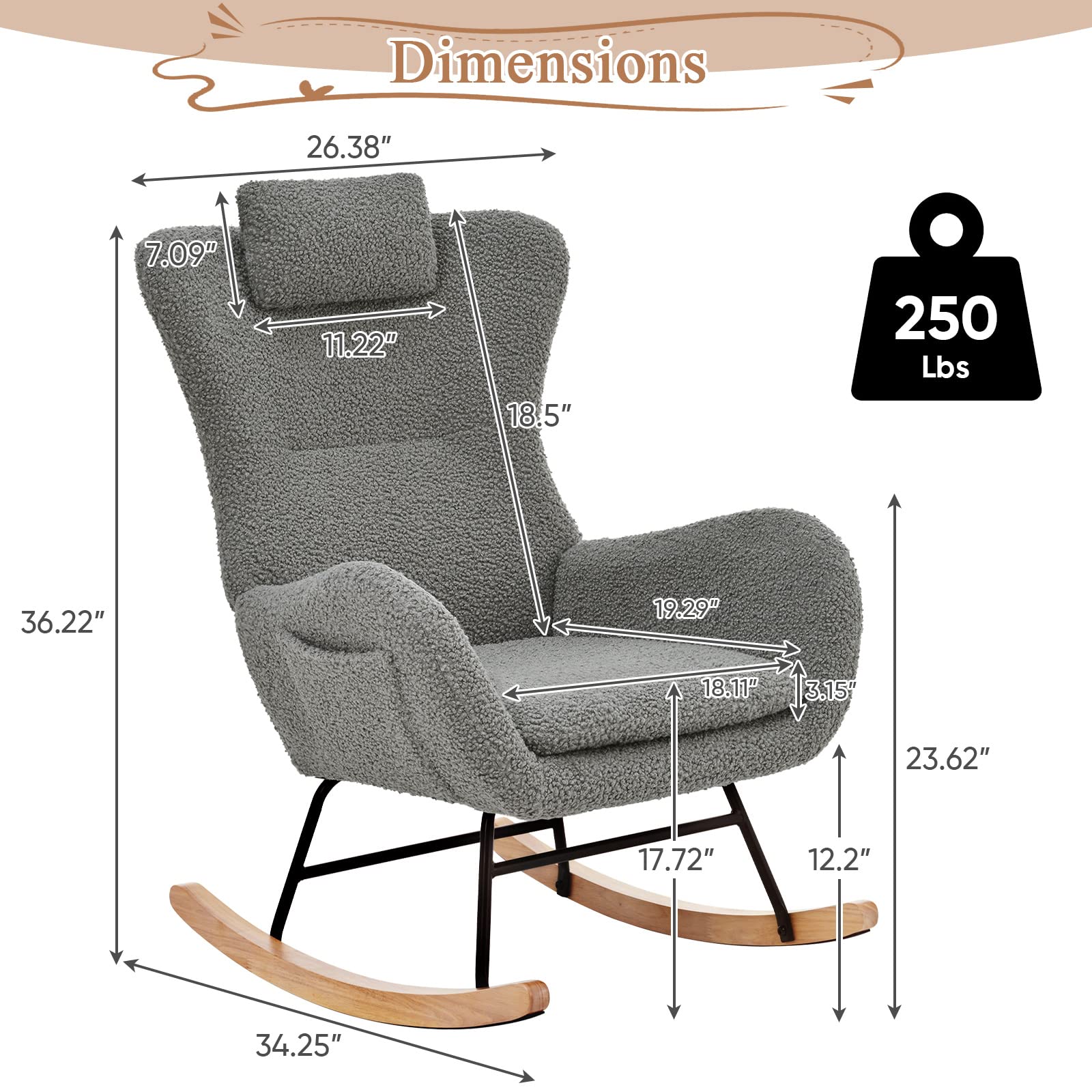 KINFFICT Accent Rocking Chair, Tufted Upholstered Glider Rocker for Nursery, Comfy Armchair with Side Pockets, Modern Lounge Arm Chair for Living Room, Bedroom (Upgraded Teddy Gray)