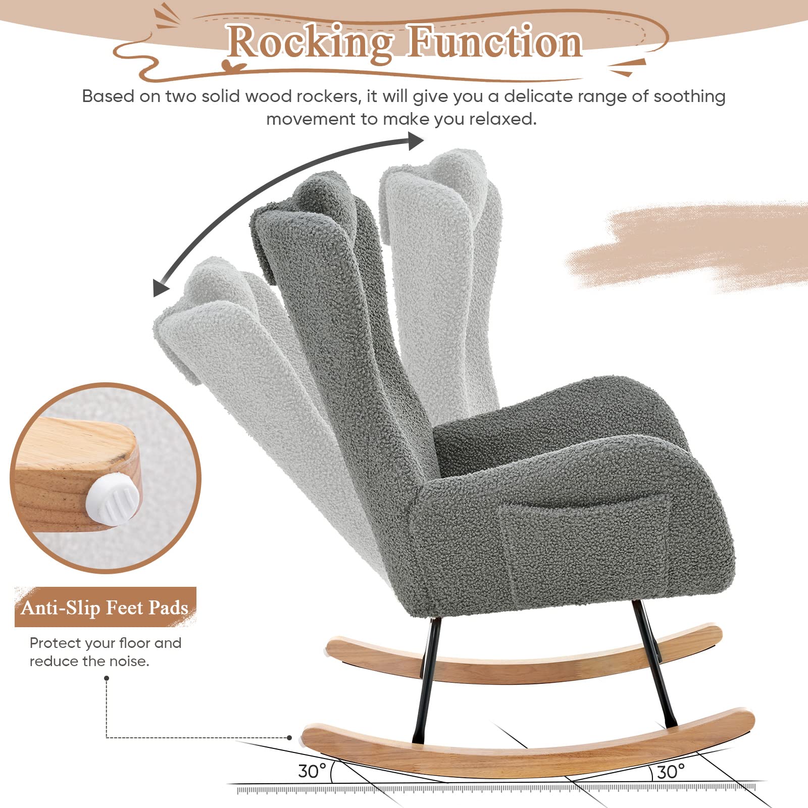 KINFFICT Accent Rocking Chair, Tufted Upholstered Glider Rocker for Nursery, Comfy Armchair with Side Pockets, Modern Lounge Arm Chair for Living Room, Bedroom (Upgraded Teddy Gray)