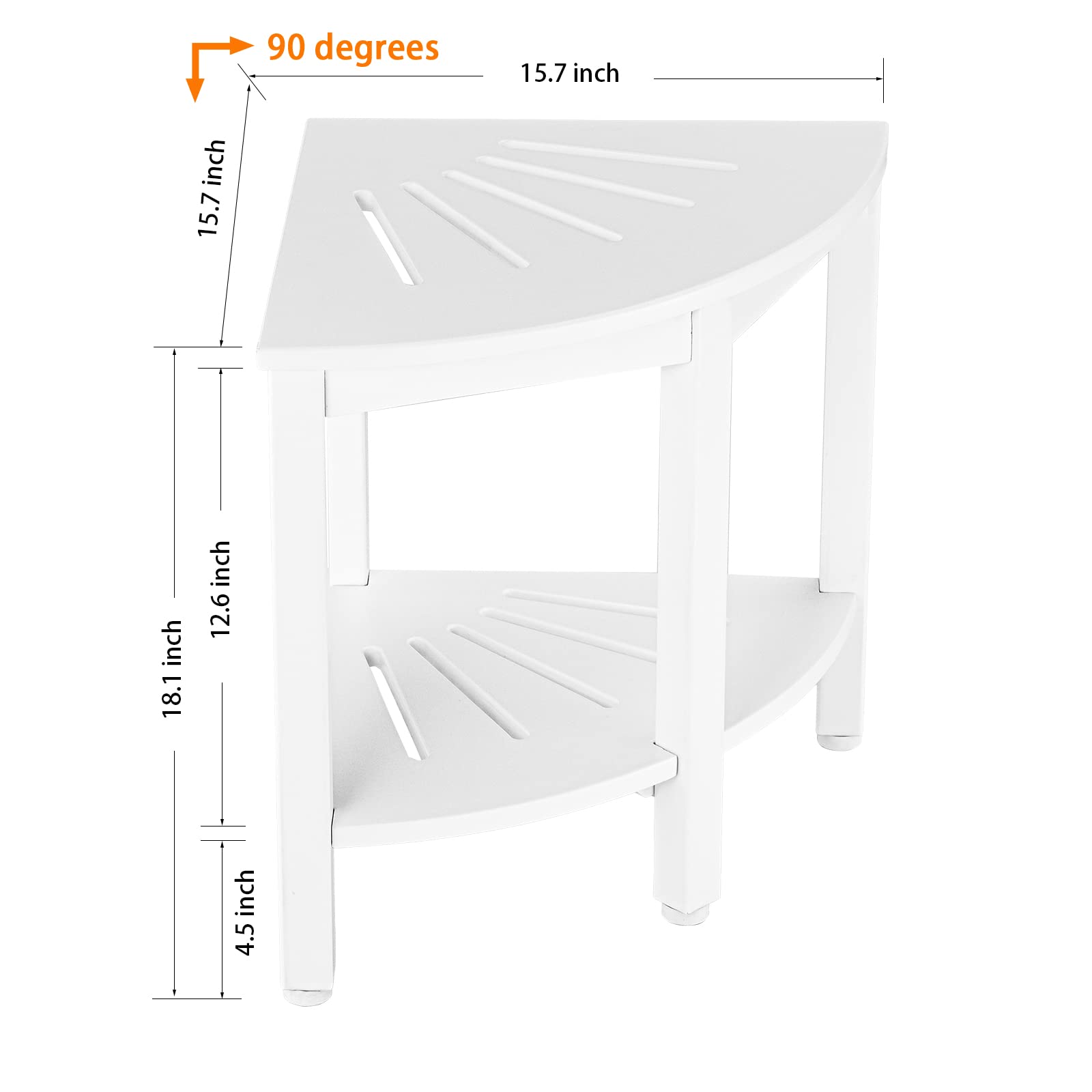 18" White Corner Teak Shower Bench with Shelf/Teak Shower Stool for Inside Shower/Waterproof Bathroom Bench Seat/Wooden Shower Seat Spa Stool, for Inside or Outdoor Use/5 Years Warranty.