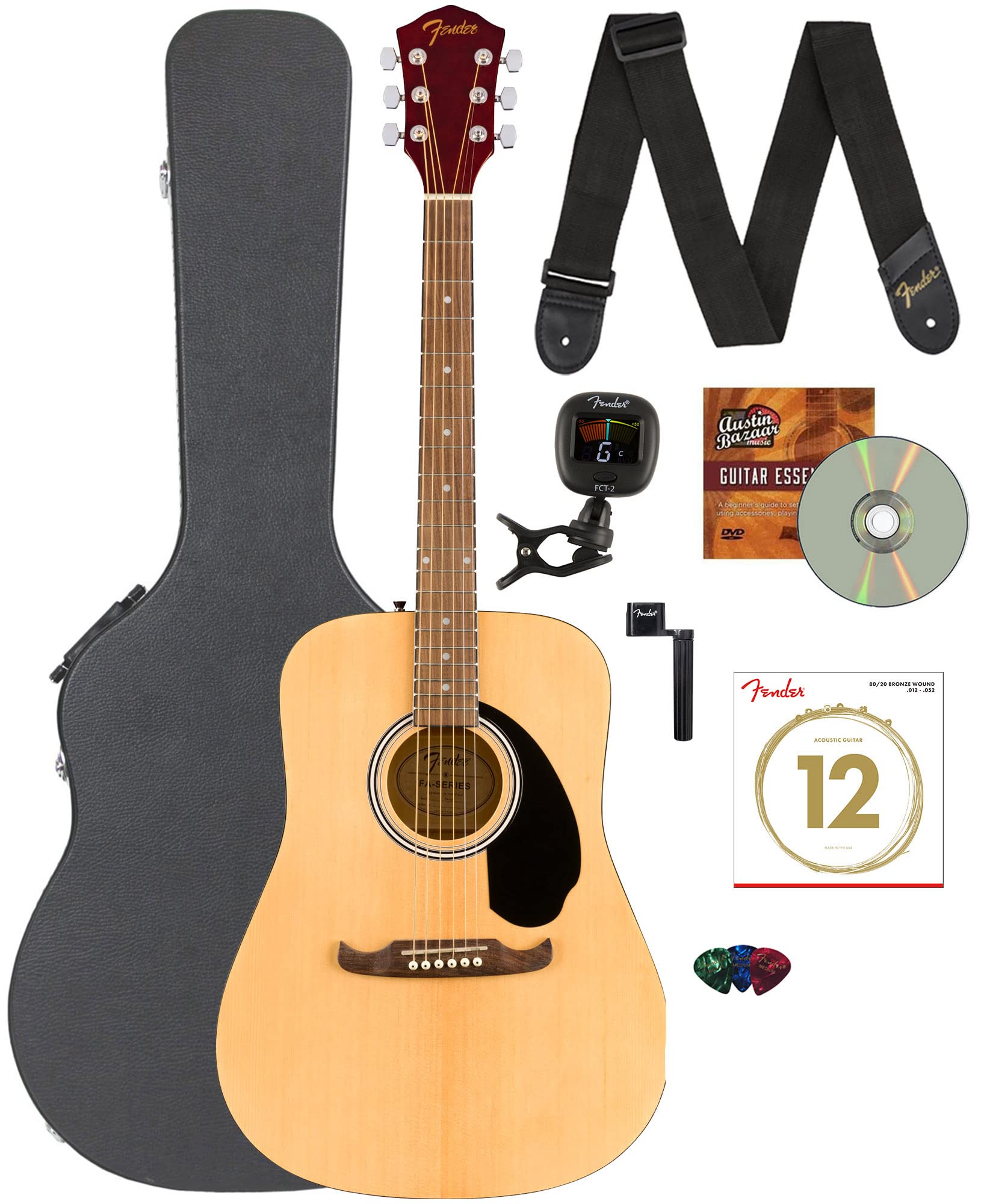 Fender FA-125 Dreadnought Guitar - Natural Bundle with Hard Case, Tuner, Strap, Strings, String Winder, Picks, and Austin Bazaar Instructional DVD