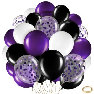 60 pieces balloons kit 12 inch confetti balloons with 2 rolls ribbon latex balloon party favor metallic balloons for birthdays baby shower wedding graduation decorations (black, purple, white)