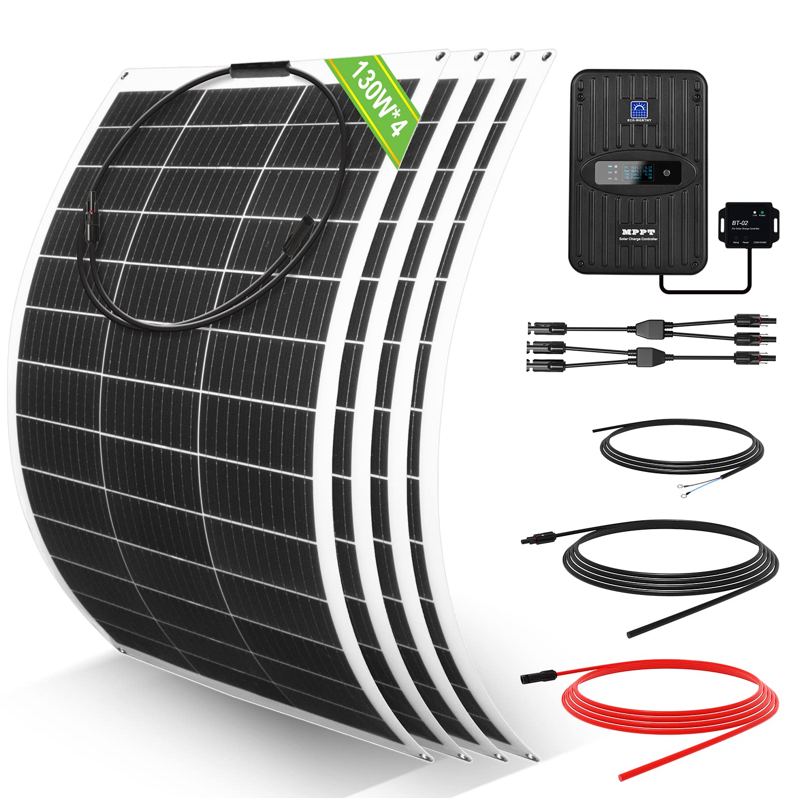 ECO-WORTHY 520Watt 12Volt Flexible Solar Panel Kit for Off Grid Home RV, Boat and Uneven Surfaces:4pcs 130W Mono Solar Panel + 40A 12V MPPT Charger Controller + Solar Cable + Tray Cable + Y Branch