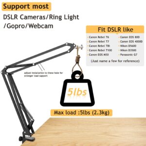 Overhead DSLR Camera Mount with Ring Light, Heavy Duty Desk Camera Stand for Canon Nikon Sony Fuji SLR Mirrorless Cam, Articulating Arm Tripod for Live Streming Video Recording Photography