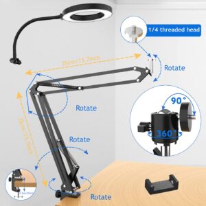 Overhead DSLR Camera Mount with Ring Light, Heavy Duty Desk Camera Stand for Canon Nikon Sony Fuji SLR Mirrorless Cam, Articulating Arm Tripod for Live Streming Video Recording Photography