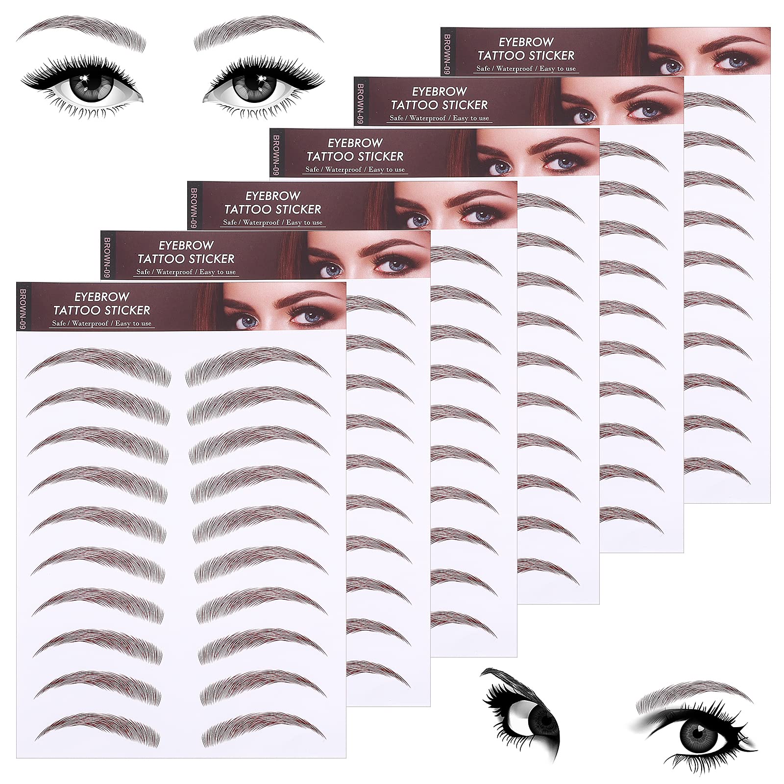 Molain Brow Tattoo Eyebrow Peel Off Temporary Tint Waterproof 4d Realistic Sticker Angled Stencil Removal Practice Drawing Color Sheets Patches Women Girls Makeup (6 PCS Brown Style 09)