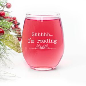 HTDesigns Shhh Im Reading Stemless Wine Glass - Book Worm Gift - Reader Wine Glass - Gift For Readers - Gift For Book Lovers