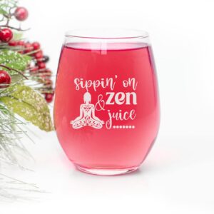 HTDesigns Sippin On Zen And Juice Yoga Stemless Wine Glass - Yoga Gift Namaste - Gift For Relaxation - Pun Gift - Wine Lover Her Mother