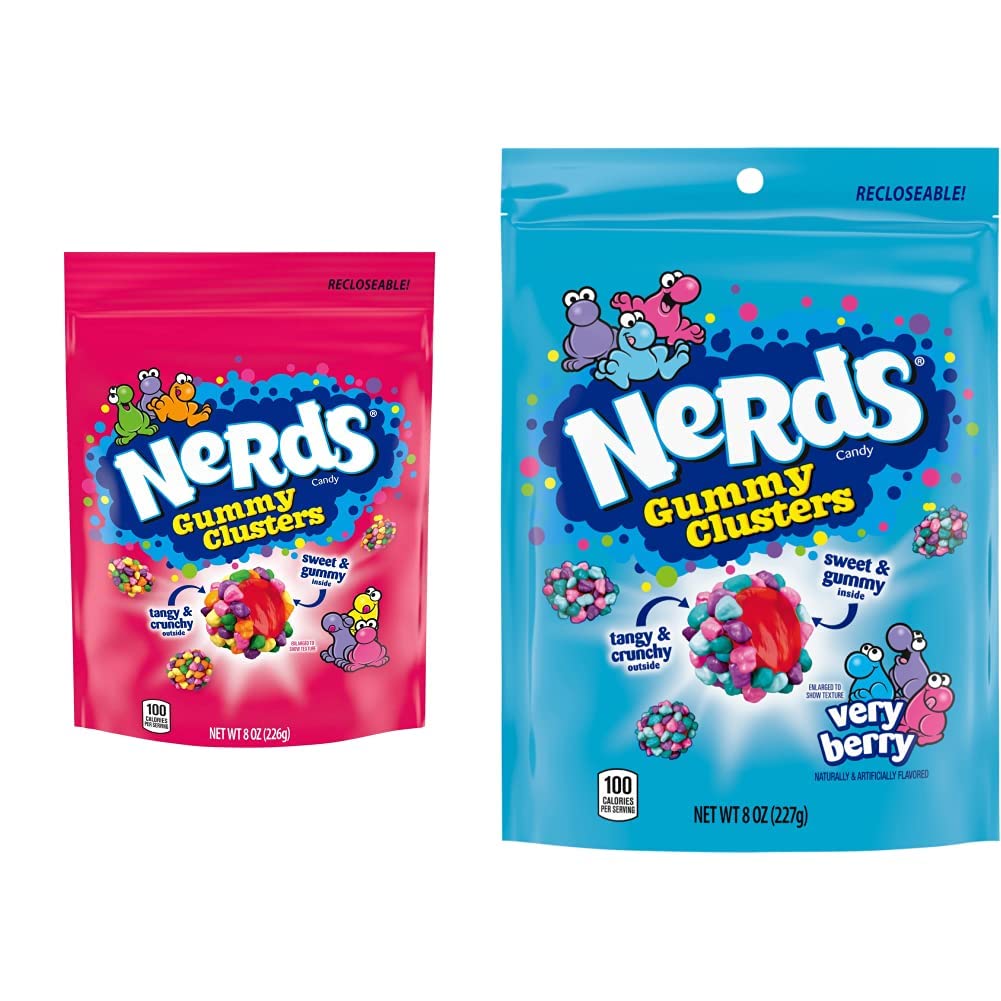 Bundle of Nerds Gummy Clusters Candy, Rainbow, Very Berry, Resealable 8 Ounce Bags (Pack of 2)