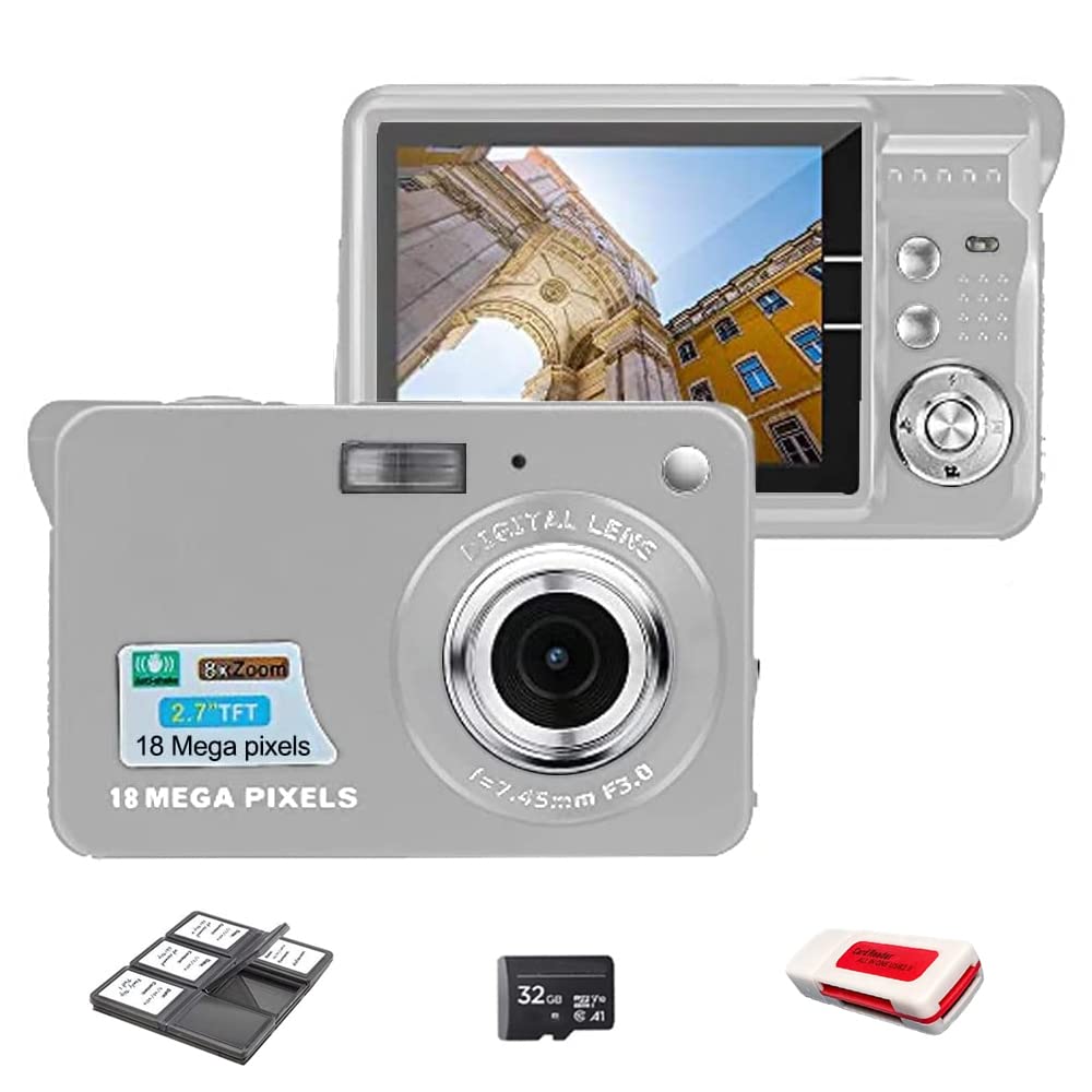 Acuvar 18MP Megapixel Digital Camera Kit with 2.7" LCD Screen, Rechargeable Battery, 32GB SD Card, Card Holder, Card Reader, HD Photo & Video for Indoor, Outdoor Photography for Adults, Kids (Silver)