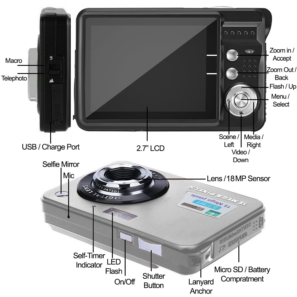 Acuvar 18MP Megapixel Digital Camera Kit with 2.7" LCD Screen, Rechargeable Battery, 32GB SD Card, Card Holder, Card Reader, HD Photo & Video for Indoor, Outdoor Photography for Adults, Kids (Silver)