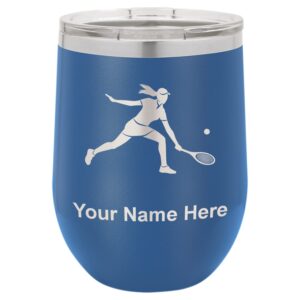 lasergram double wall stainless steel wine glass tumbler, tennis player woman, personalized engraving included (dark blue)