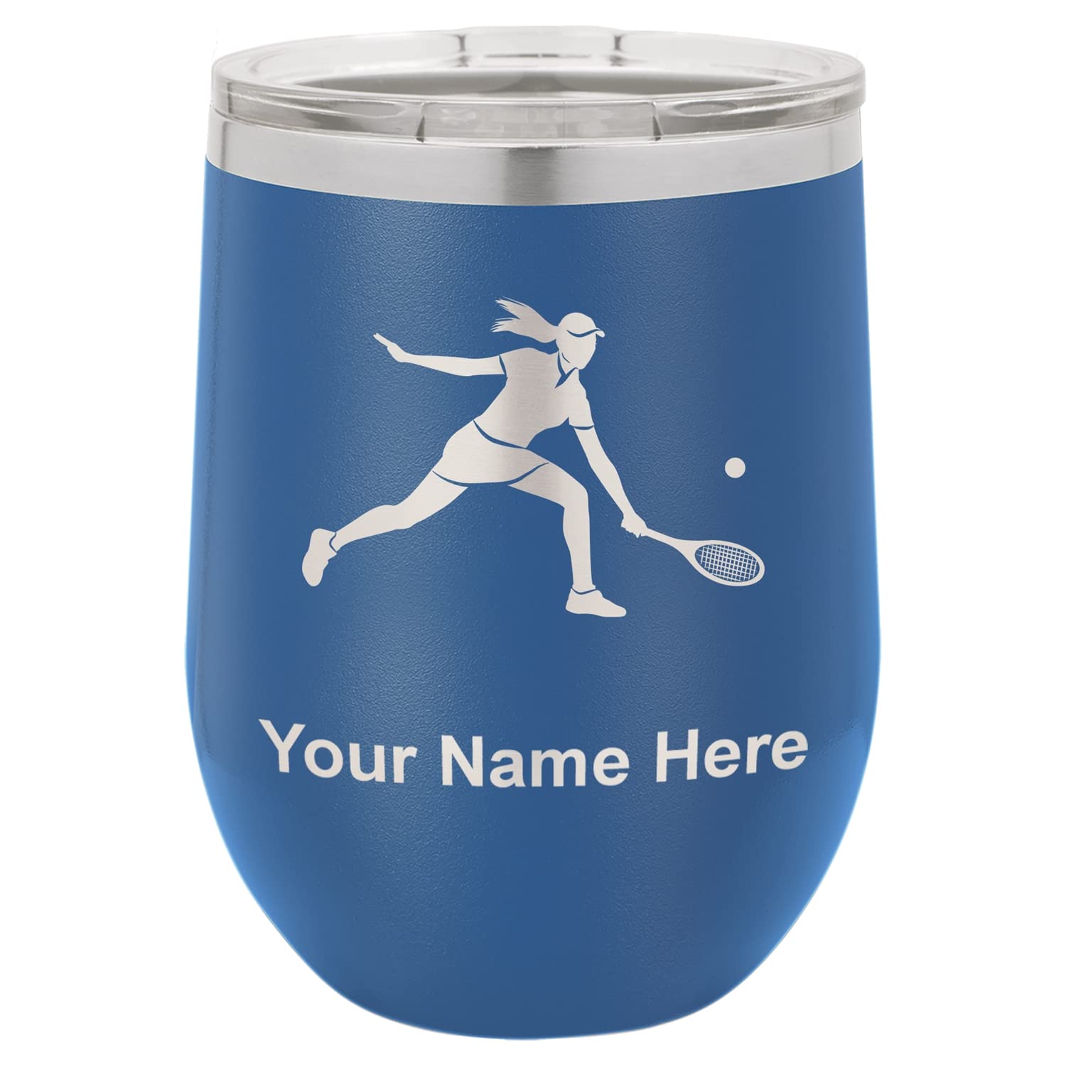 LaserGram Double Wall Stainless Steel Wine Glass Tumbler, Tennis Player Woman, Personalized Engraving Included (Dark Blue)