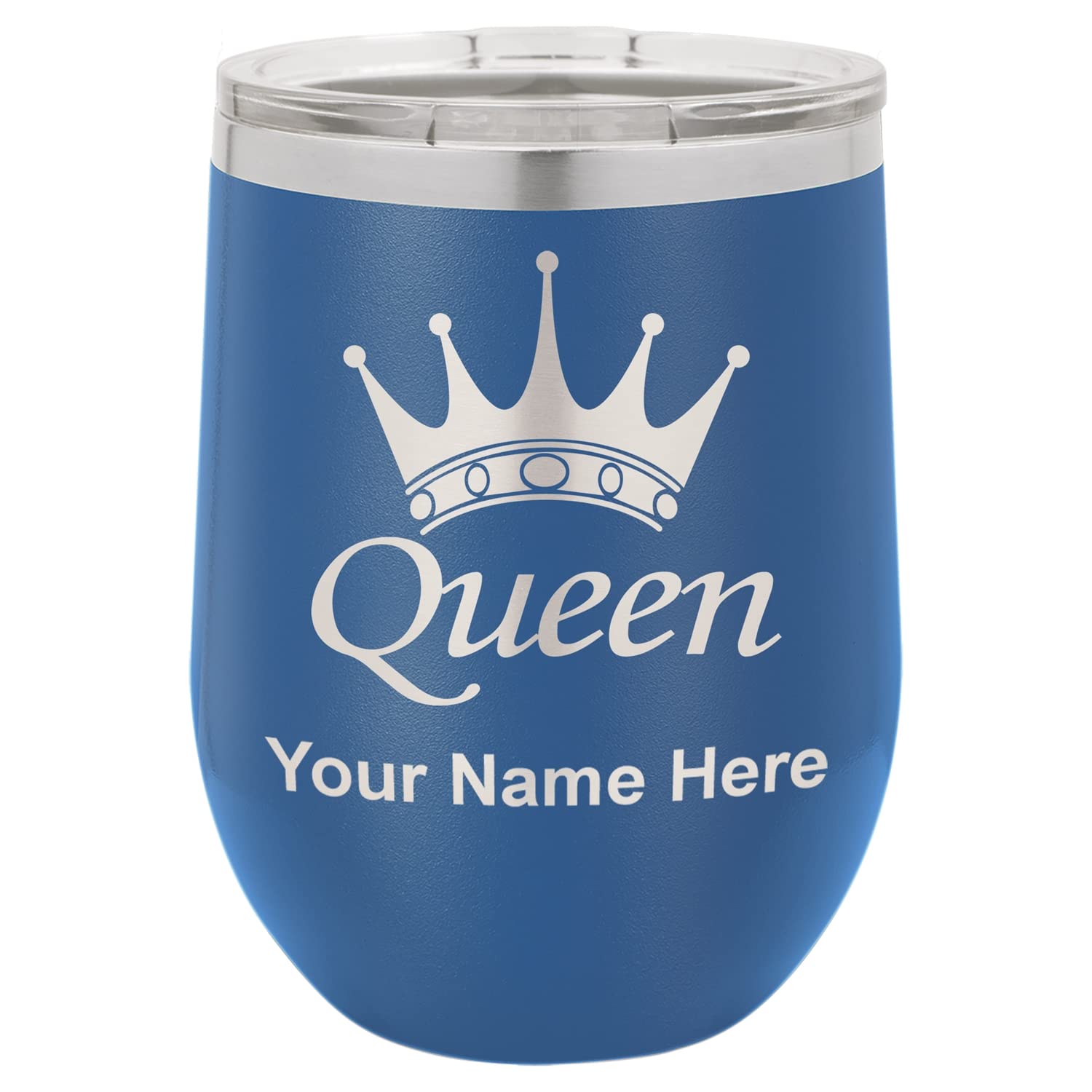 LaserGram Double Wall Stainless Steel Wine Glass Tumbler, Queen Crown, Personalized Engraving Included (Dark Blue)