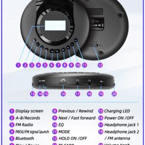 CD Player Portable ARAFUNA, Portable CD Player Bluetooth with FM Radio, 2000mAh Rechargeable CD Player for Car with LCD Screen, Anti Shock Protection Walkman CD Player with Headphone, AUX Cable