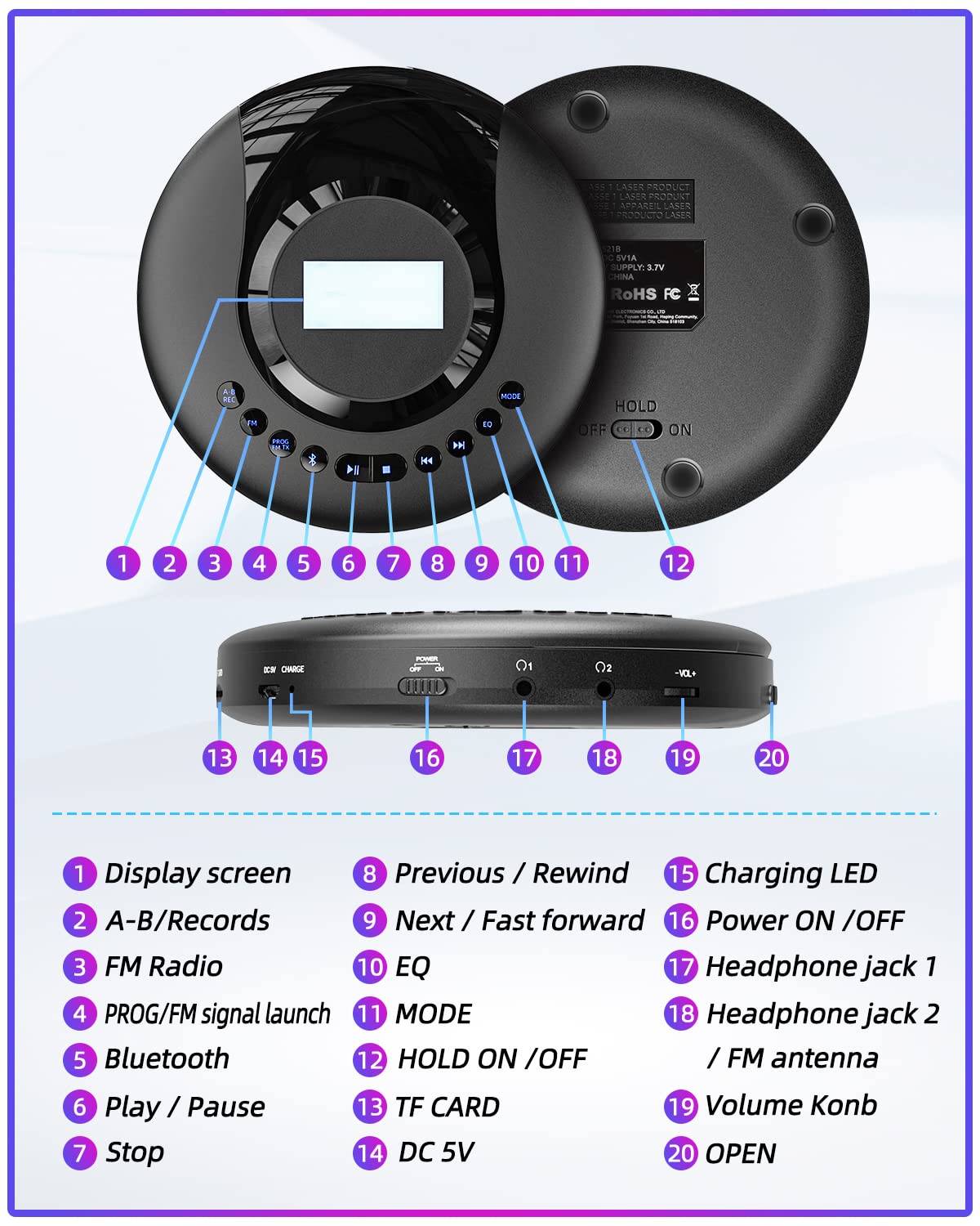 CD Player Portable ARAFUNA, Portable CD Player Bluetooth with FM Radio, 2000mAh Rechargeable CD Player for Car with LCD Screen, Anti Shock Protection Walkman CD Player with Headphone, AUX Cable