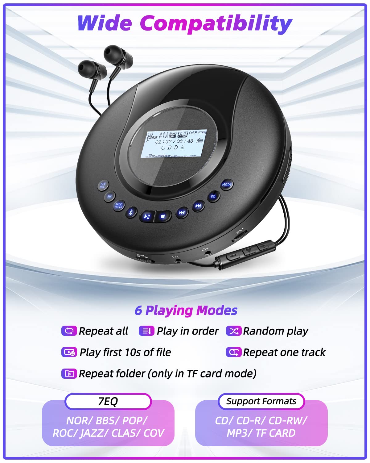 CD Player Portable ARAFUNA, Portable CD Player Bluetooth with FM Radio, 2000mAh Rechargeable CD Player for Car with LCD Screen, Anti Shock Protection Walkman CD Player with Headphone, AUX Cable