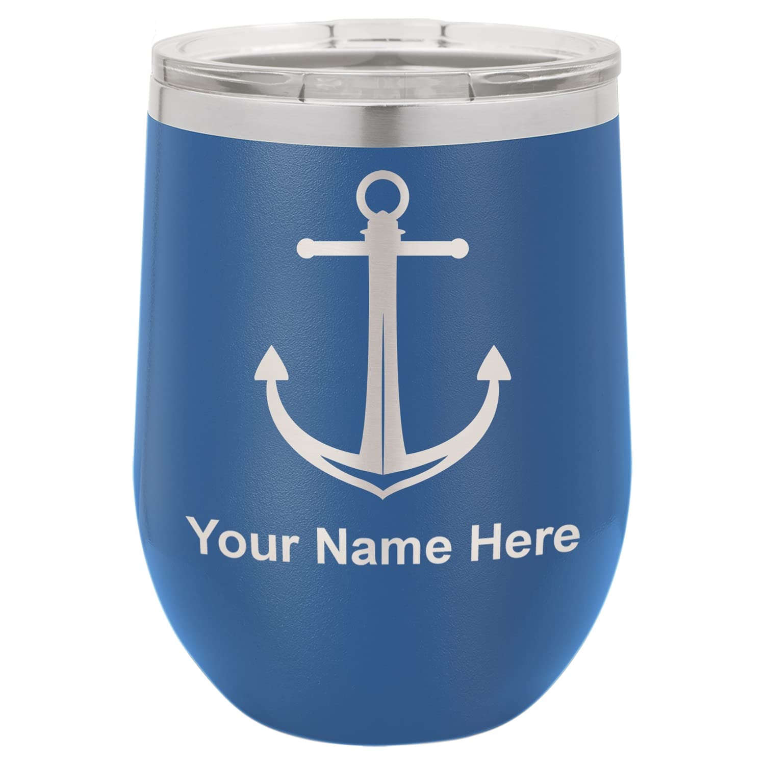 LaserGram Double Wall Stainless Steel Wine Glass Tumbler, Boat Anchor, Personalized Engraving Included (Dark Blue)