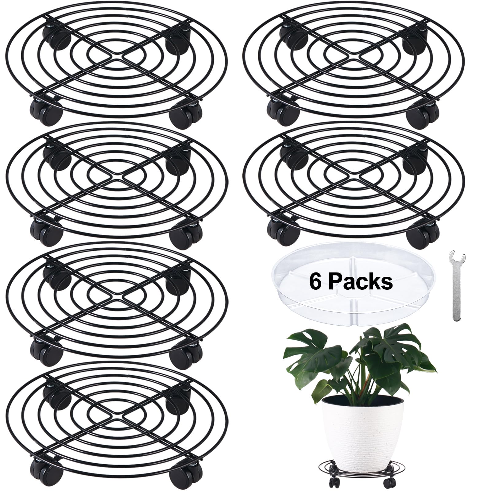 6 Packs Large Metal Plant Caddy with Wheels 14” Rolling Plant Stands Heavy-duty Wrought Iron Plant Roller Base Pot Movers Plant Saucer on Wheels Indoor Outdoor Plant Dolly with Casters Planter Tray