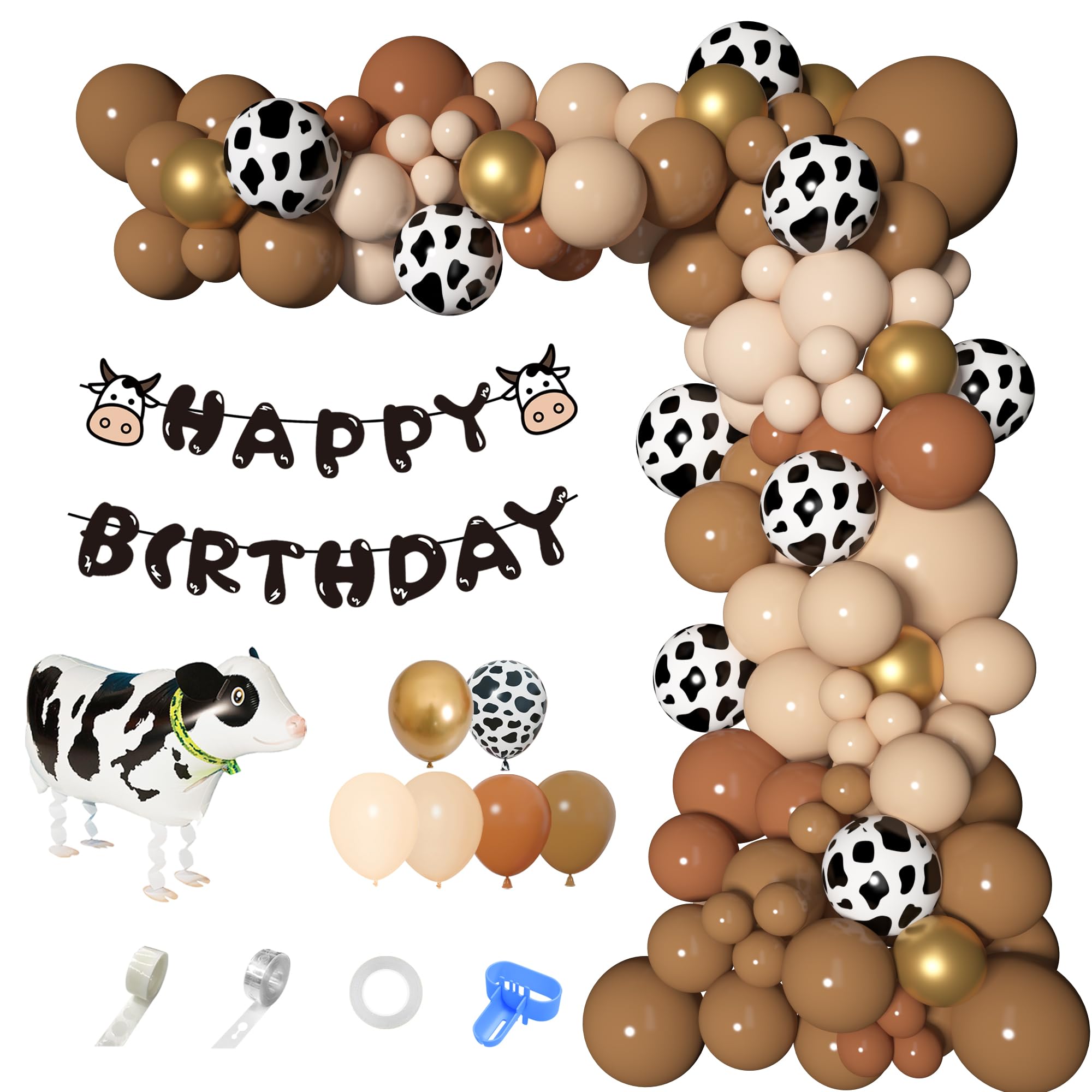 Brown Cow Balloons Garland Arch Kit, 158Pcs Neutral Brown Blush Cow Print Balloon Happy Birthday Banner for Western Cowboy Cowgirl Baby Shower Decorations Farm Animals Theme Birthday Party Supplies