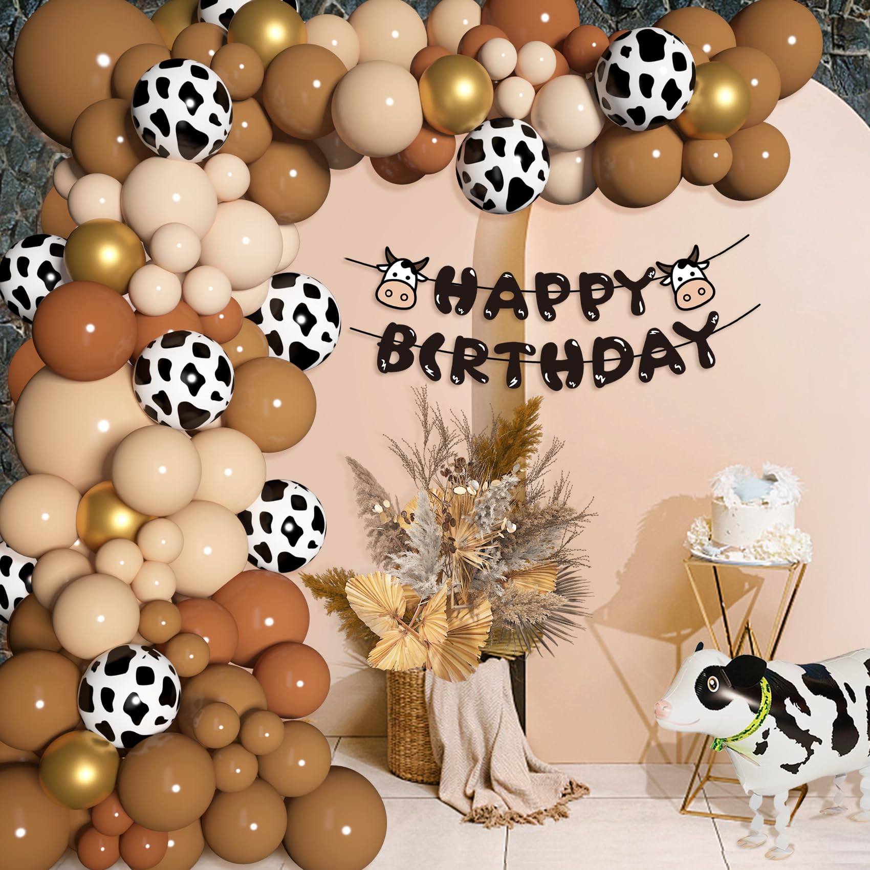 Brown Cow Balloons Garland Arch Kit, 158Pcs Neutral Brown Blush Cow Print Balloon Happy Birthday Banner for Western Cowboy Cowgirl Baby Shower Decorations Farm Animals Theme Birthday Party Supplies