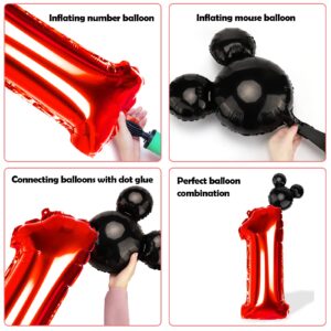 Cadeya Mouse Number 1 Birthday Balloons, 40”Black Red Aluminum Foil Balloons for Mouse Clubhouse 1st Birthday Party, Kids Theme Party Decoration Supplies