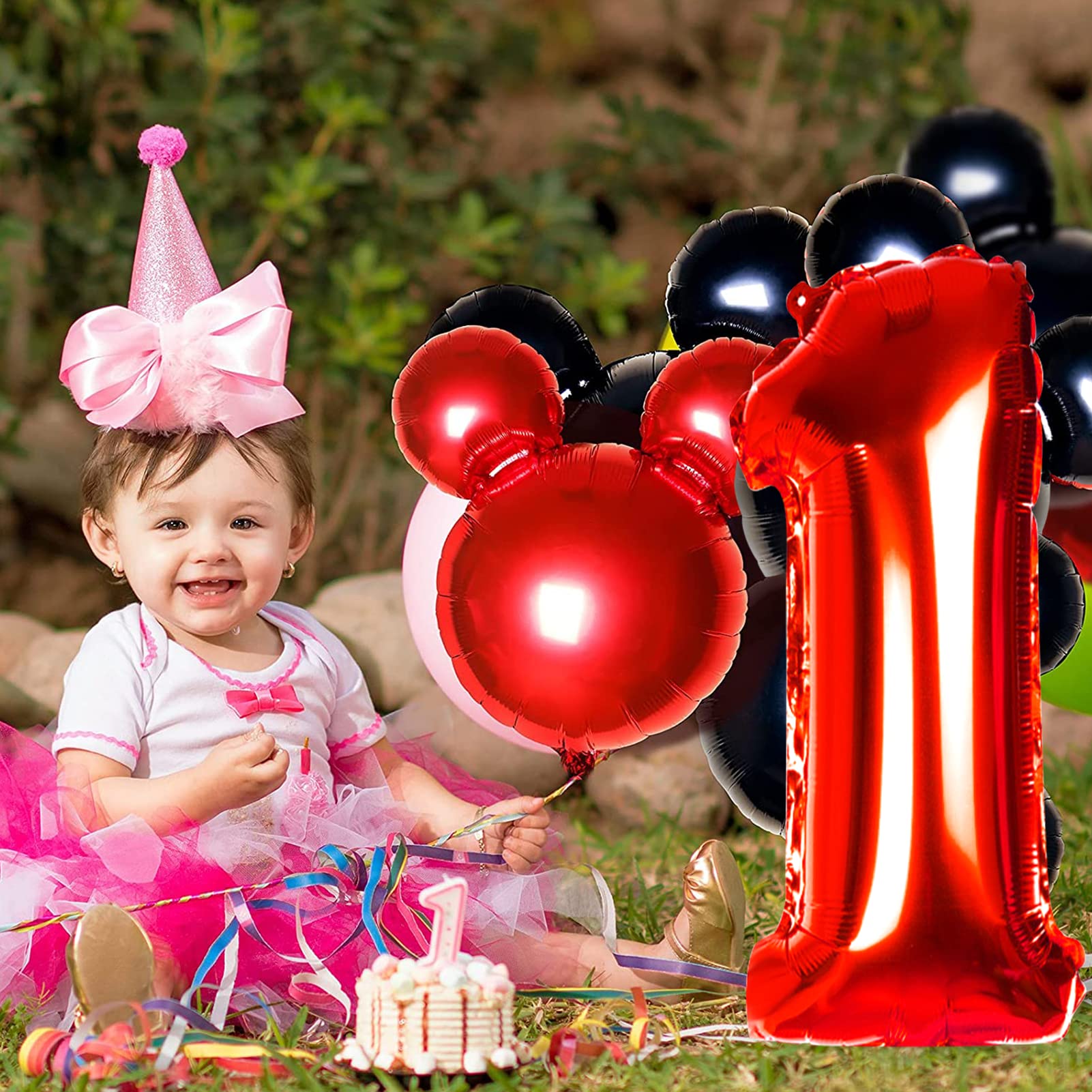 Cadeya Mouse Number 1 Birthday Balloons, 40”Black Red Aluminum Foil Balloons for Mouse Clubhouse 1st Birthday Party, Kids Theme Party Decoration Supplies