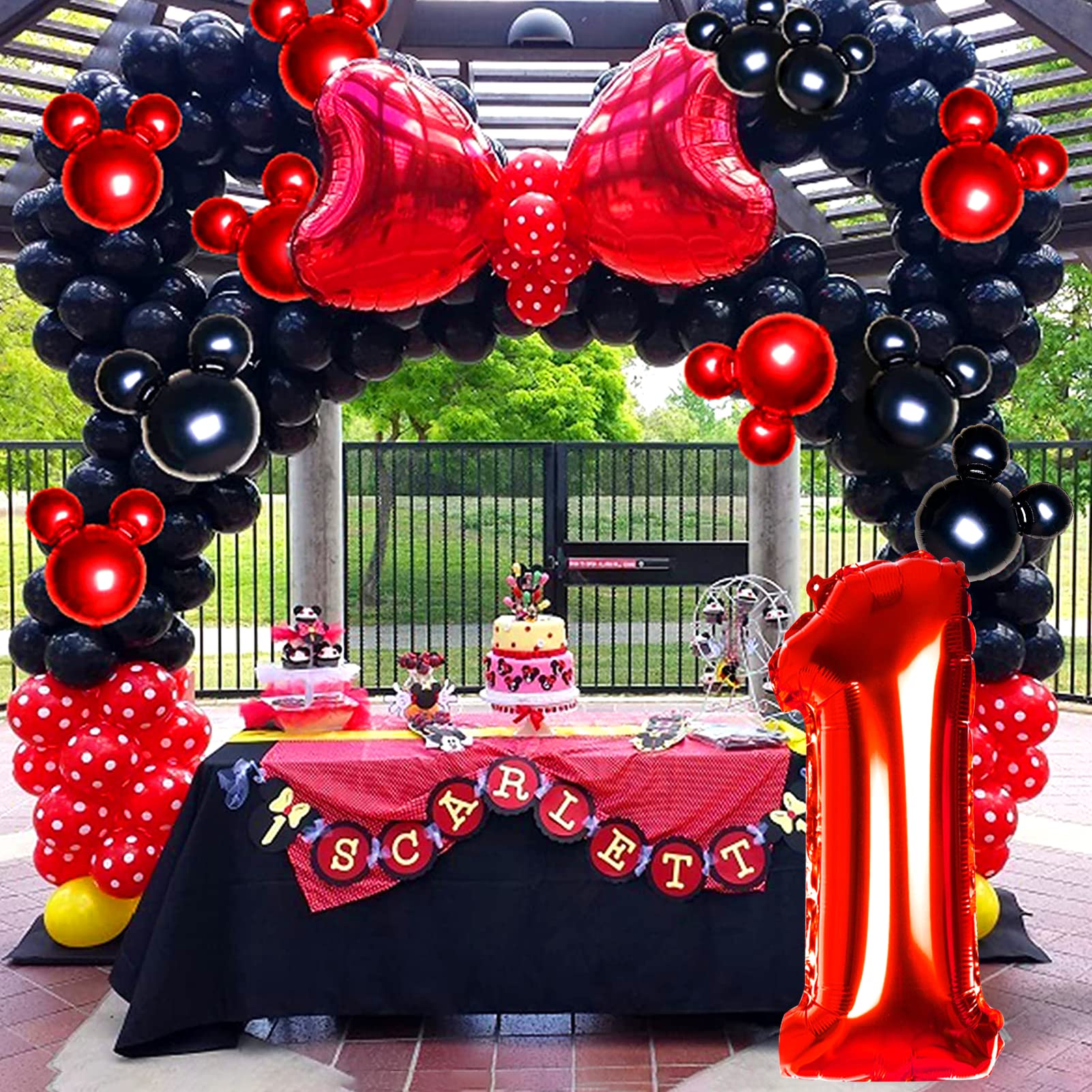 Cadeya Mouse Number 1 Birthday Balloons, 40”Black Red Aluminum Foil Balloons for Mouse Clubhouse 1st Birthday Party, Kids Theme Party Decoration Supplies