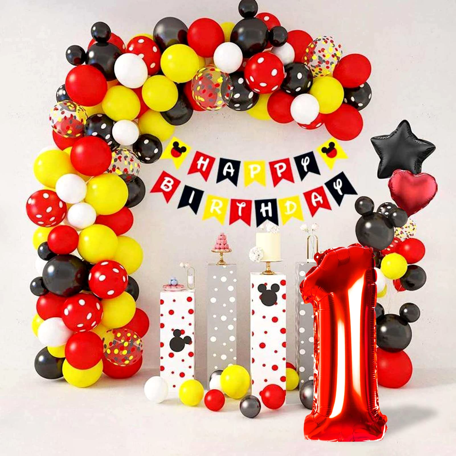 Cadeya Mouse Number 1 Birthday Balloons, 40”Black Red Aluminum Foil Balloons for Mouse Clubhouse 1st Birthday Party, Kids Theme Party Decoration Supplies