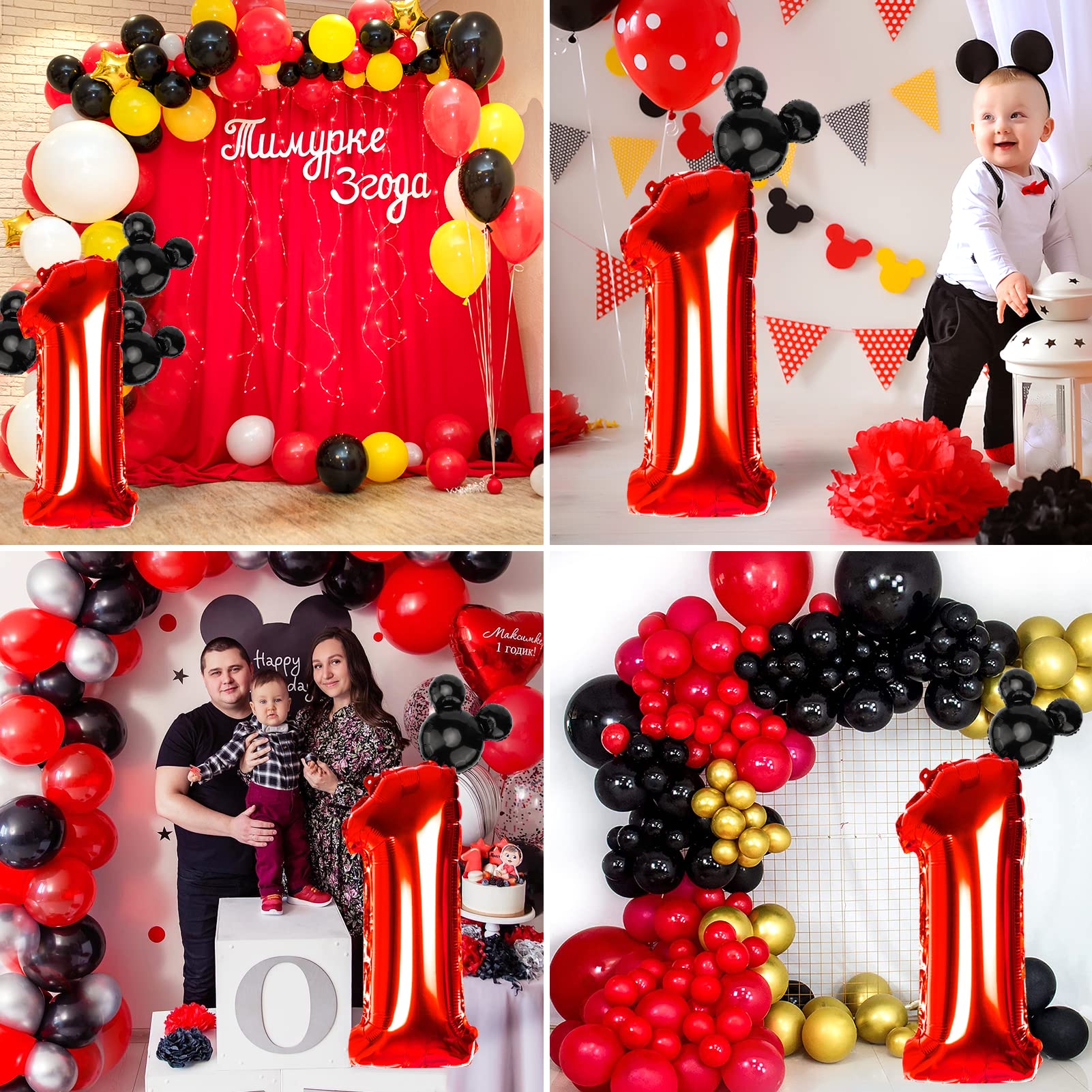 Cadeya Mouse Number 1 Birthday Balloons, 40”Black Red Aluminum Foil Balloons for Mouse Clubhouse 1st Birthday Party, Kids Theme Party Decoration Supplies