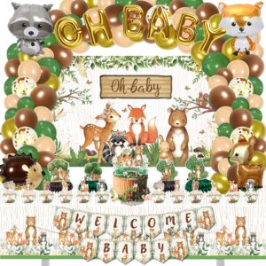 mpanwen woodland baby shower decorations, 150 pcs boy & girl gender neutral forest animal decor for showers & birthdays with banners cupcakes wrappers balloons backdrop tablecloth centerpieces