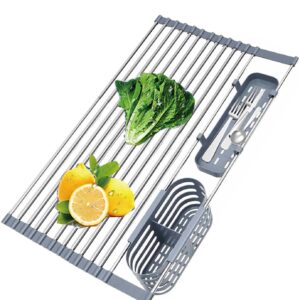 XL Extra Large Expandable Roll Up with Storage Basket 22.8" x 12.7" Over Sink Dish Drying Rack Multi-Purpose Kitchen Rolling Dish Drainer Foldable Stainless Steel Dish Drying Rack for Kitchen