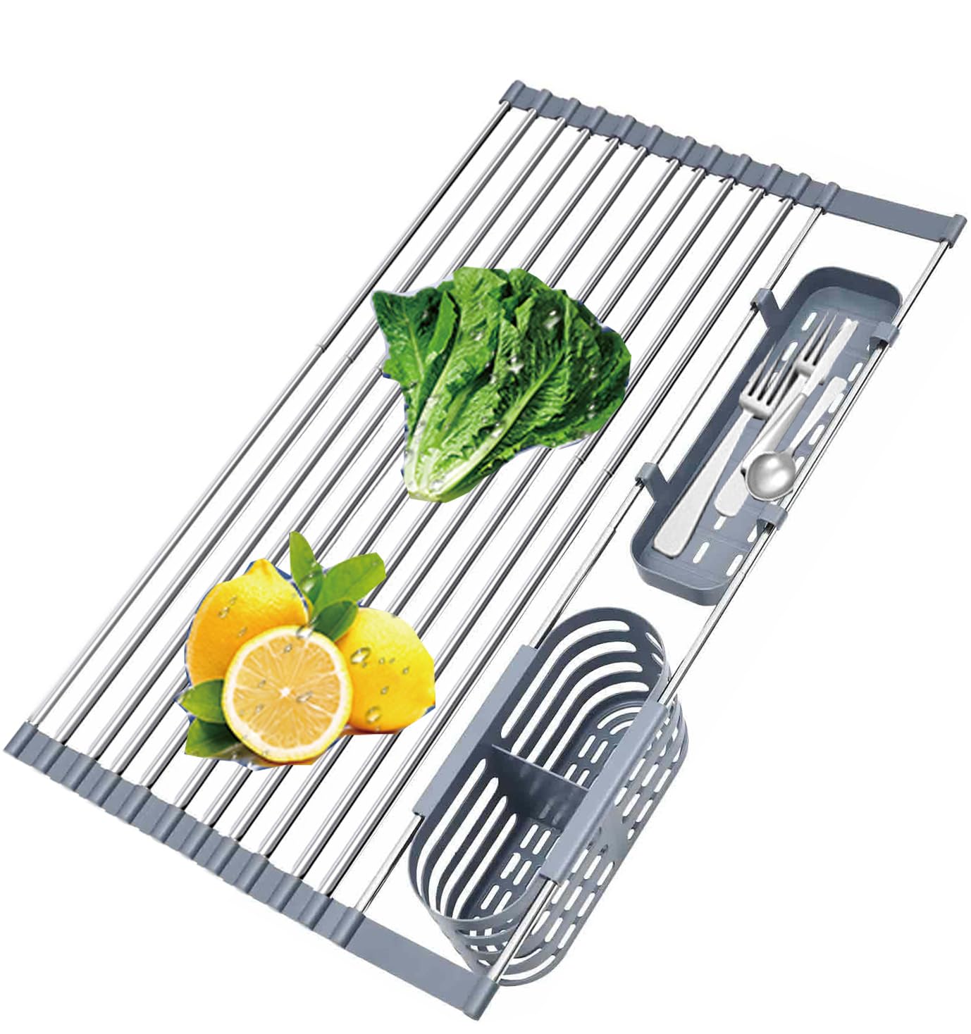 XL Extra Large Expandable Roll Up with Storage Basket 22.8" x 12.7" Over Sink Dish Drying Rack Multi-Purpose Kitchen Rolling Dish Drainer Foldable Stainless Steel Dish Drying Rack for Kitchen