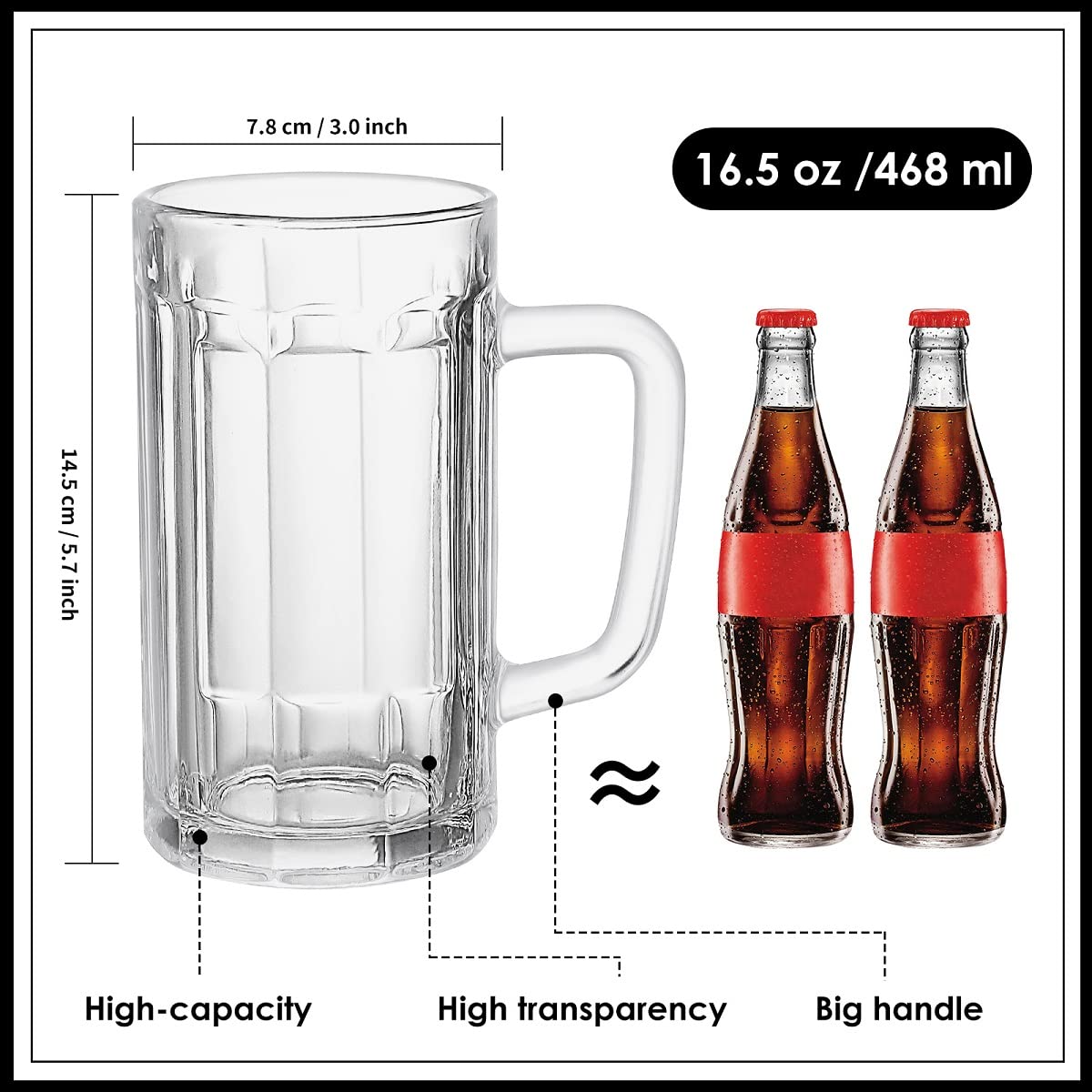 Wwyybfk Beer Mugs Set, Freezer Beer Glasses Mug with Handle, 16.5oz Glasses Beer Stein Mugs for Bar, Beverage, Dishwasher Freezer Safe 468ml 2-Pack