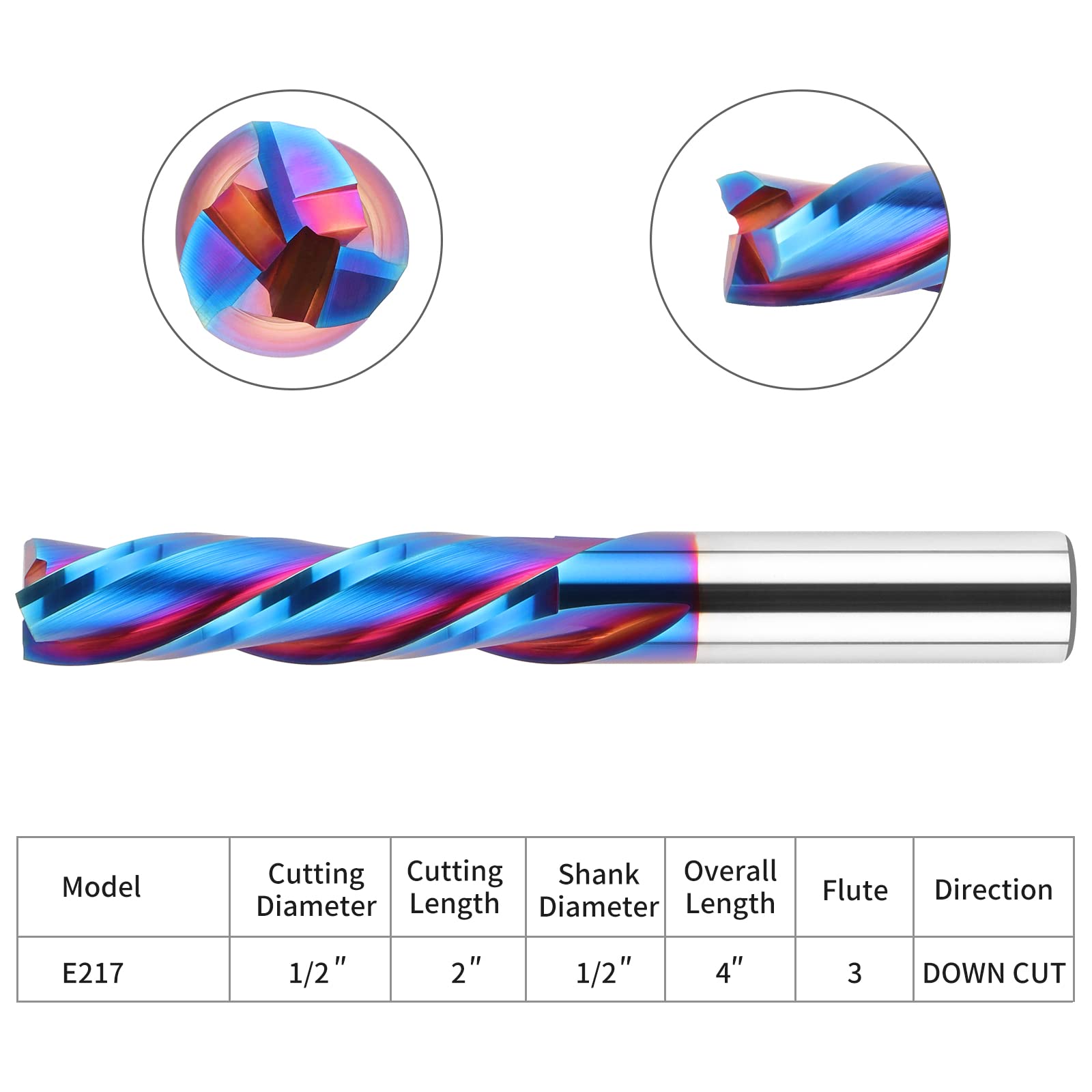 EANOSIC Downcut Spiral Router Bit Extra Long (4 inch) with 1/2 Inch Shank, 1/2 Inch Cutting Diameter Solid Carbide CNC End Mill Bits for Wood Carving, Plunge Cut (3-Flute)