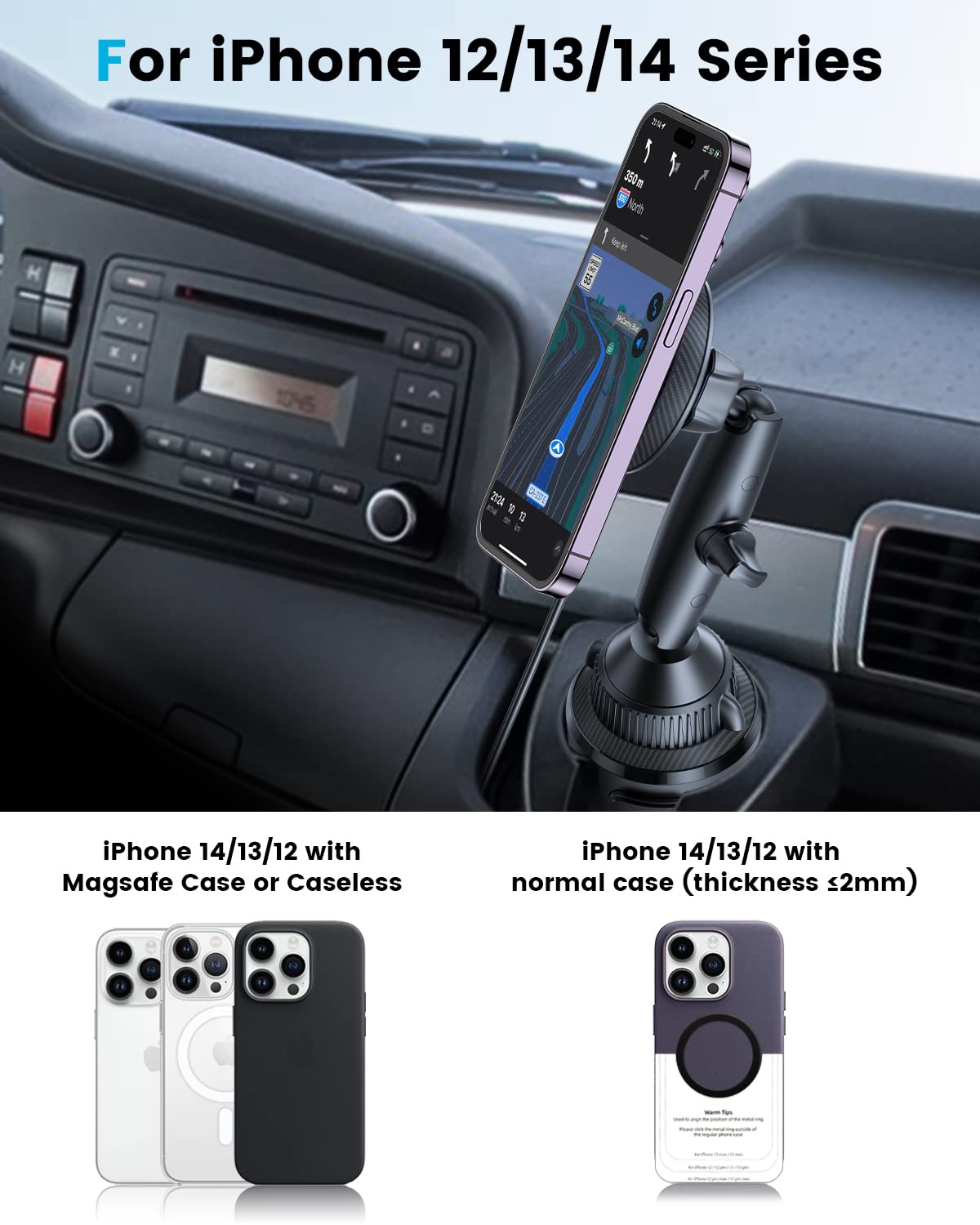 APPS2Car for Magsafe Car Mount Charger Tri-Pivot Magnetic Wireless Cup Holder Phone Mount for Car Truck with Cooling Fan Fast Charging for iPhone 15 14 13 12 Series Magsafe Case [with Car Adapter]