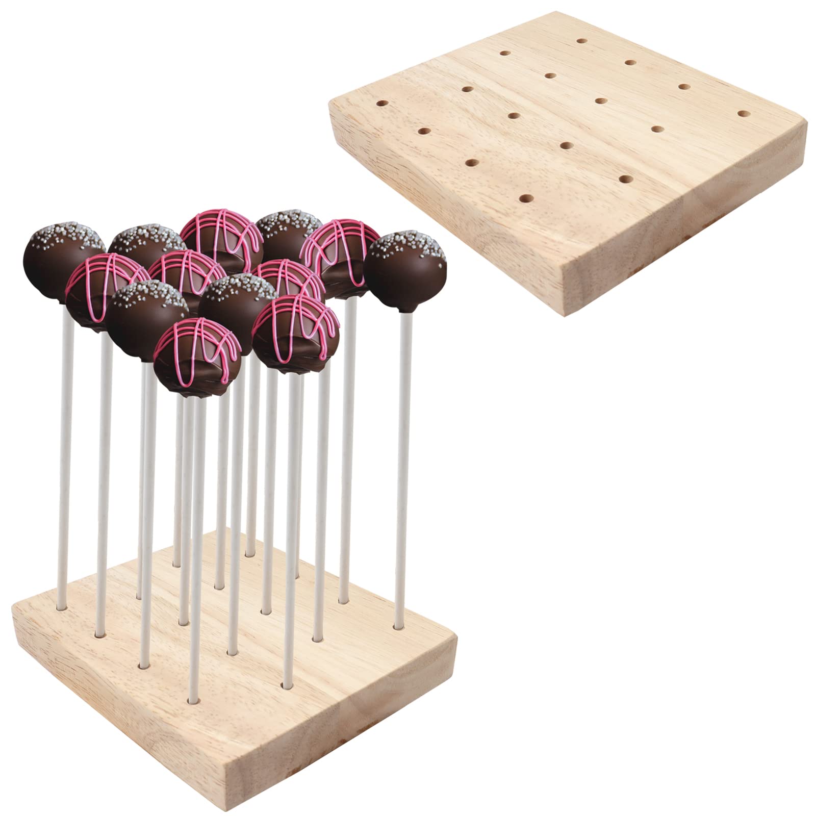 popokk 2 Pack Wooden Cake Pop Stand 16 Holes Wood Lollipop Holder Stand Display Candy or Sucker Stand for Birthday Party,Wedding,Baby Showers,Fit 4mm Lollipop Sticks