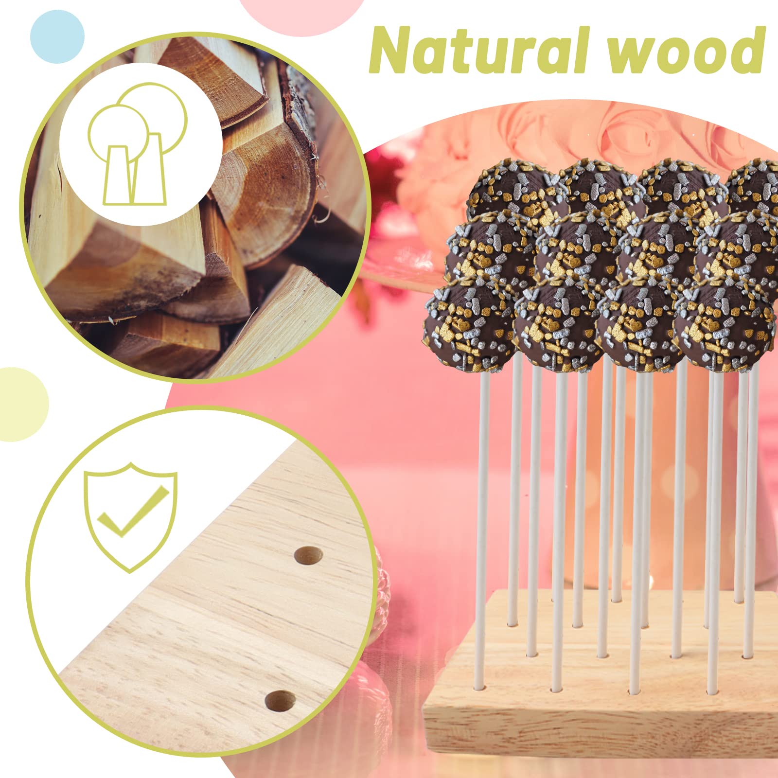 popokk 2 Pack Wooden Cake Pop Stand 16 Holes Wood Lollipop Holder Stand Display Candy or Sucker Stand for Birthday Party,Wedding,Baby Showers,Fit 4mm Lollipop Sticks