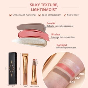 Liquid Contour Beauty Wand Set,Blush Liquid Contour Stick Highlighter Makeup With Cushion Applicator,Long Lasting Smooth Natural Matte Finish,Lightweight Blendable Super Silky Cream Sticks (01#02#04)