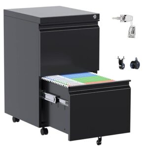 aobabo metal 2 drawer mobile file cabinet with lock, under desk office steel filing cabinet, 25.6''h legal/letter size files storage cabinet,black,fully assembled