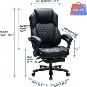 Comermax Big and Tall Home Office Desk Chairs for 400lb Heavy People, Ergonomic Reclining Chair with Footrest Wide Seat, Plus Size Managerial Executive (Black), 9291 Black(400lbs), Large(400lbs)