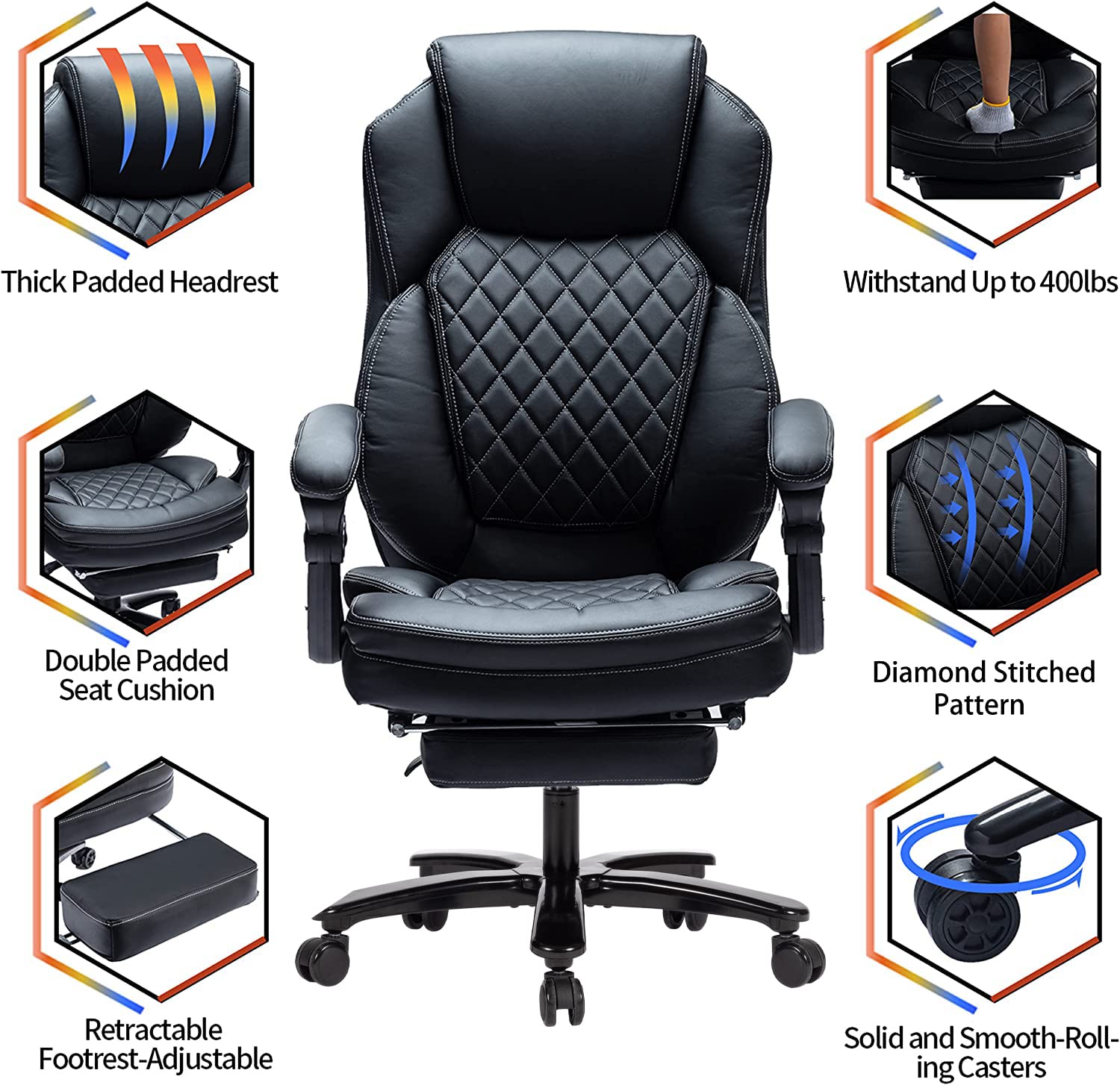 Comermax Big and Tall Home Office Desk Chairs for 400lb Heavy People, Ergonomic Reclining Chair with Footrest Wide Seat, Plus Size Managerial Executive (Black), 9291 Black(400lbs), Large(400lbs)