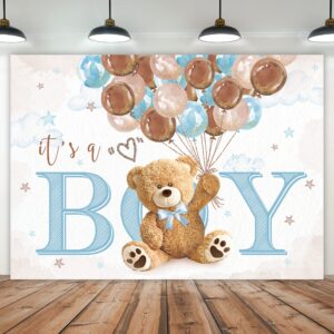 imirell boys bear baby shower backdrop 7wx5h feet it's a boy lovely cute brown blue balloons cartoon polyester fabric kids newborn photography backgrounds photo shoot decor props decoration