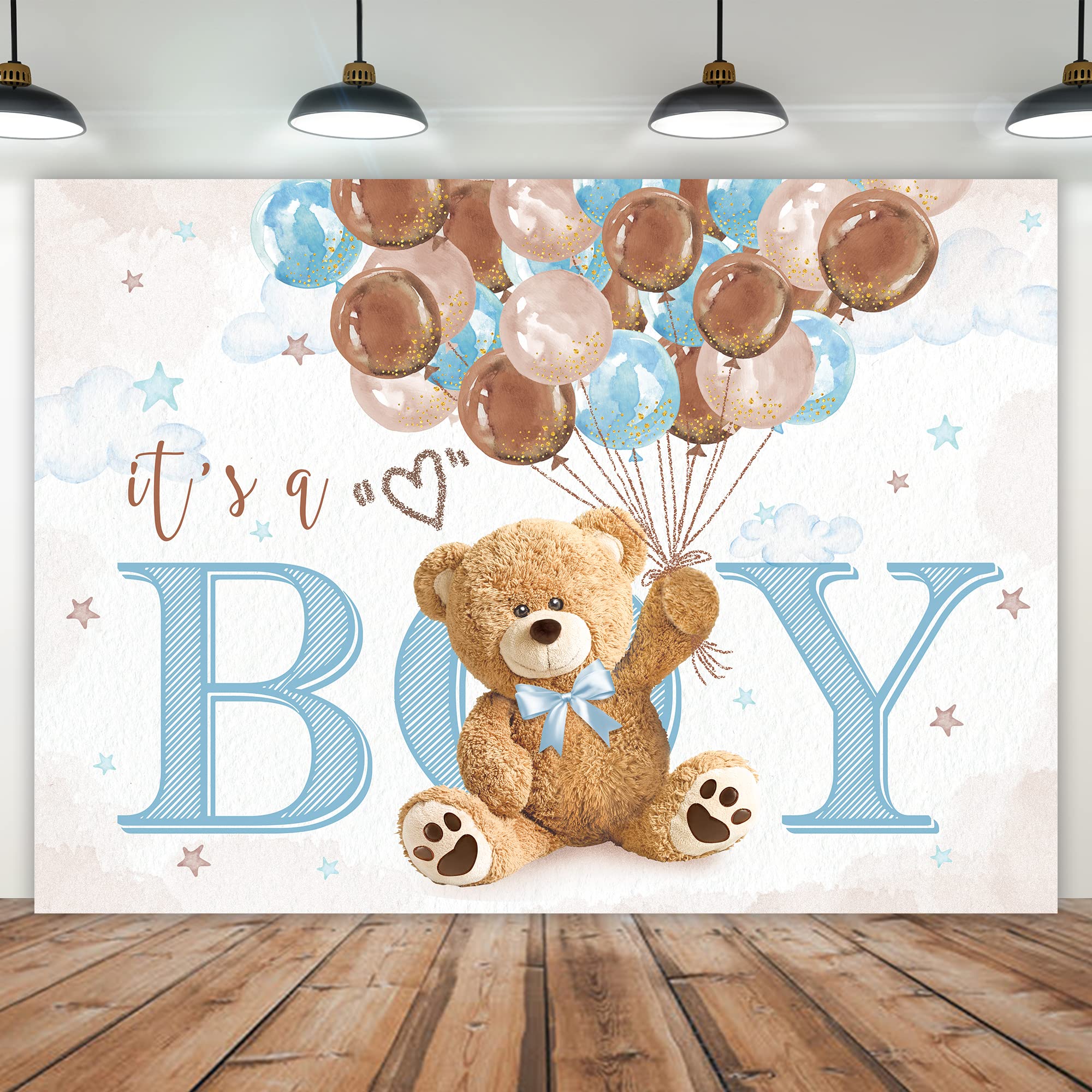 Imirell Boys Bear Baby Shower Backdrop 7Wx5H Feet It's a Boy Lovely Cute Brown Blue Balloons Cartoon Polyester Fabric Kids Newborn Photography Backgrounds Photo Shoot Decor Props Decoration